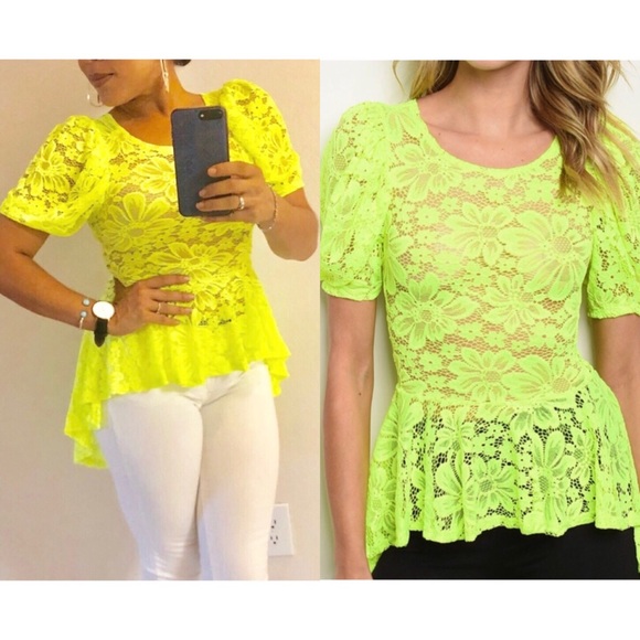 Trendy boutique | Tops | Neon Lime Puff Sleeve All Over Lace Hilow Top ...